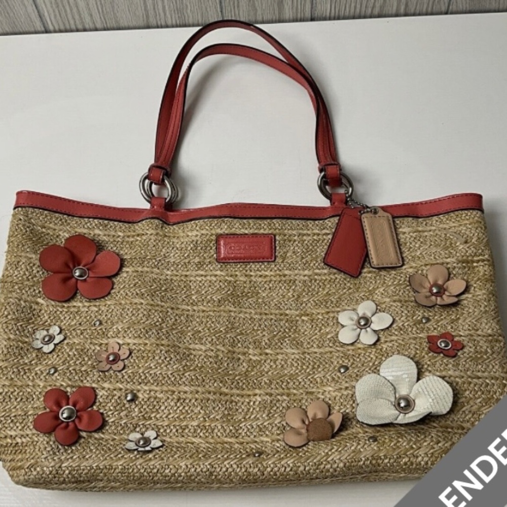 Coach Straw Flower Applique Tote Handbag F29861 Euc - Gem